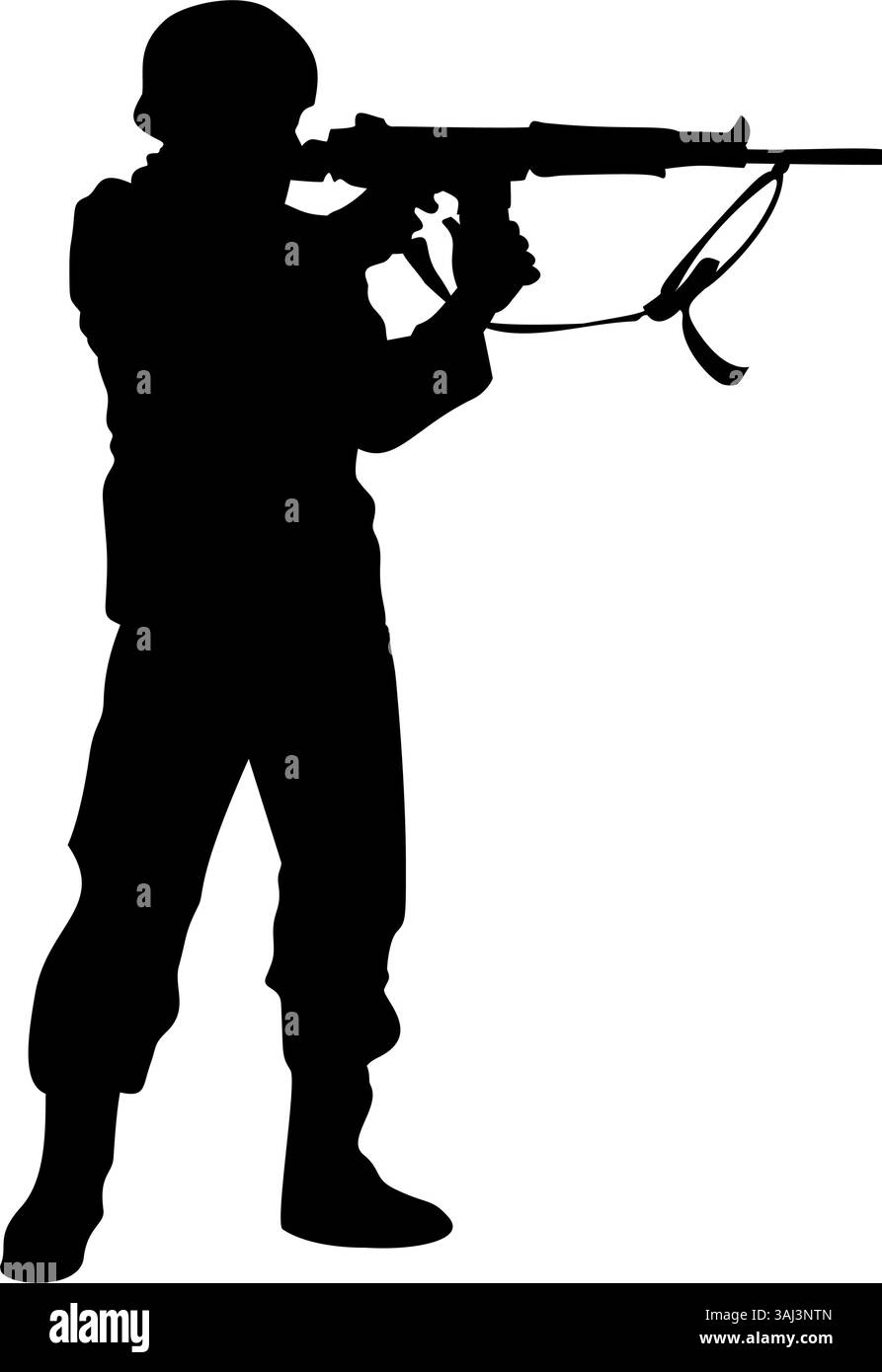 Silhouette of a soldier aiming a submachine gun. Military illustration ...