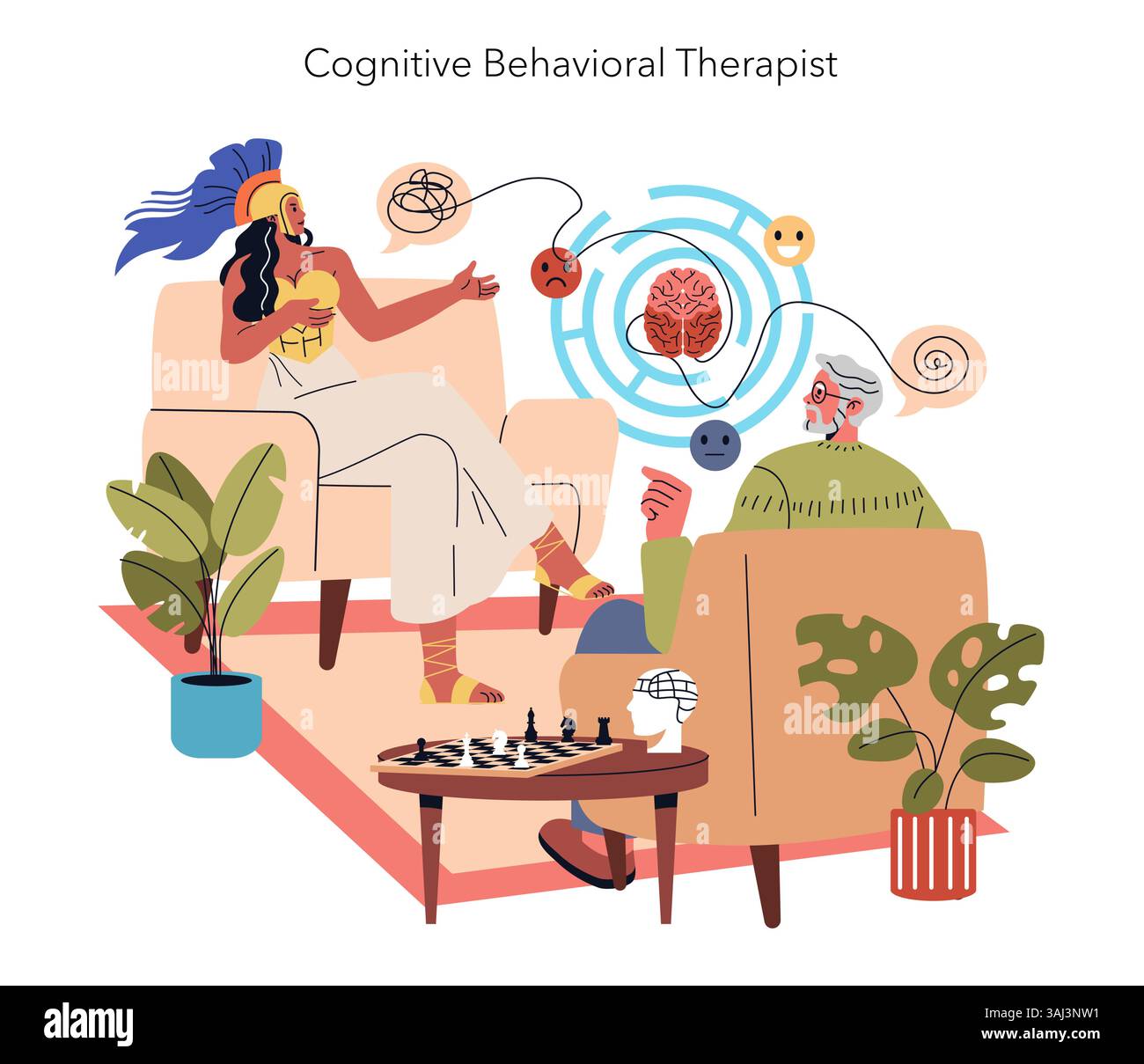 Cognitive Behavioral Therapist in session. This illustration shows a therapist and client ...