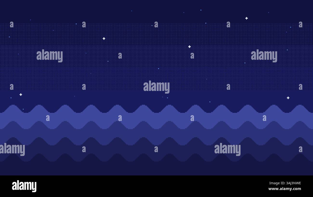 Night sea waves pixel art background. 2d backdrop for 8-bit retro video ...