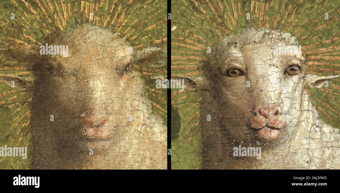 Restoration detail of the Lamb of God from the Ghent Altarpiece ...