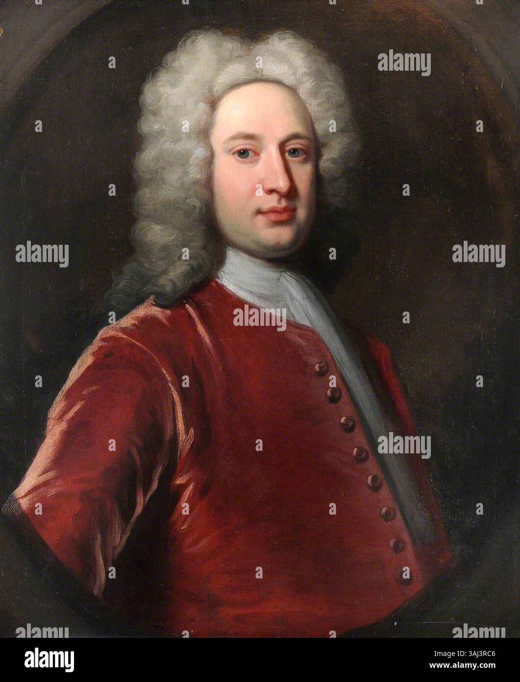 This 18th-century portrait depicts an unknown gentleman wearing a plum ...
