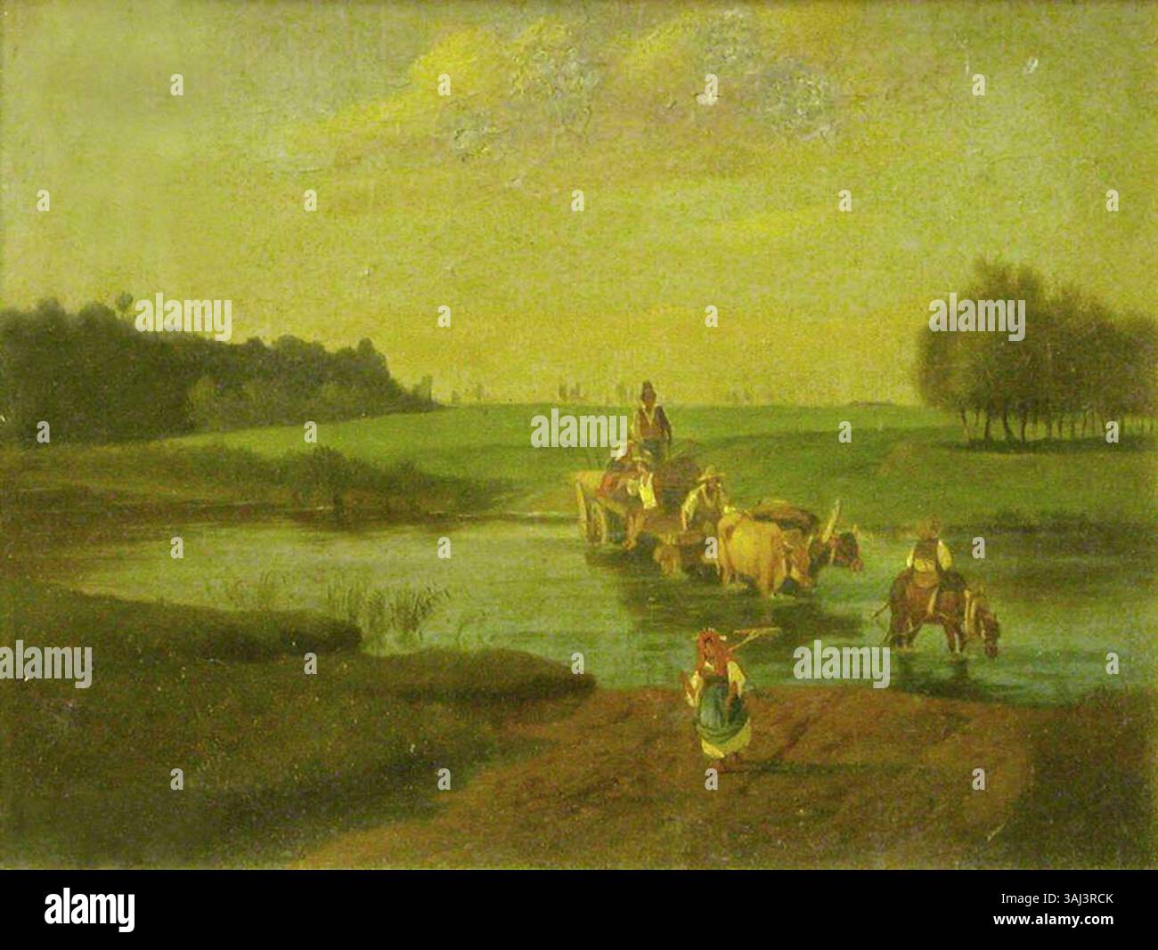 A 19th-century painting of a bullock cart crossing a river, created ...