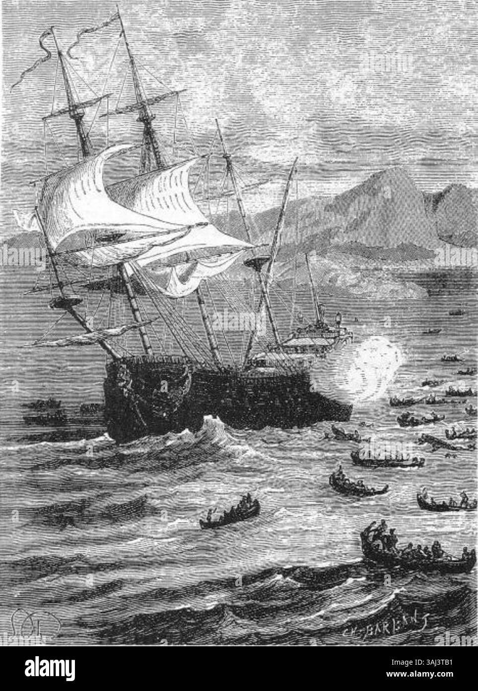 An illustration by Charles Barbant depicting the Roebuck under attack ...