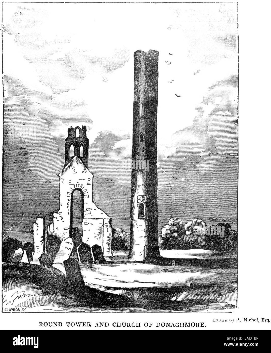A depiction of the Round Tower and Church of Donaghmore, located in ...