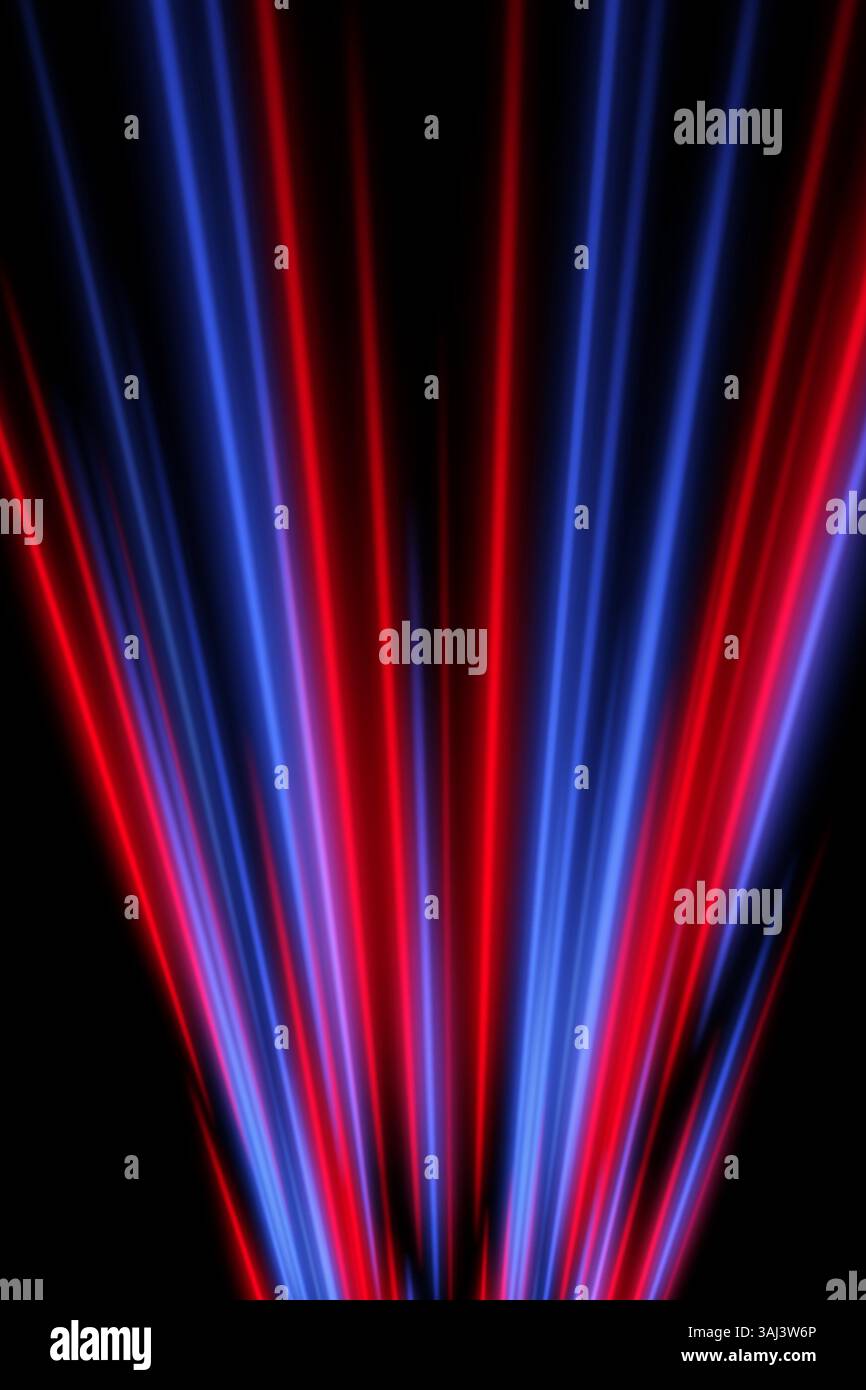 Neon flare burst. Red and blue rays explode from center in radiant ...