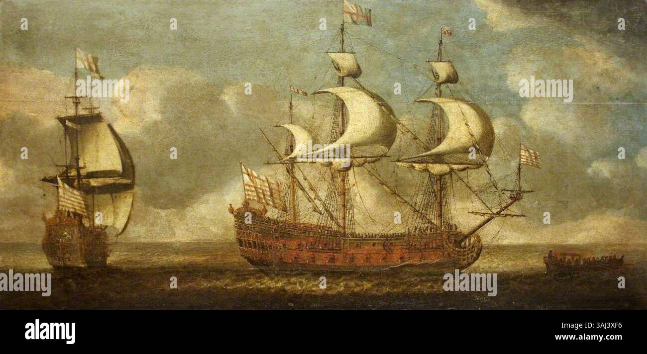 A maritime painting depicting two views of a Man o'War, painted in the ...