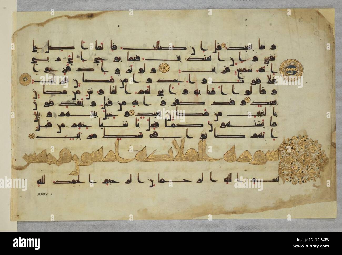 This 9th- or 10th-century Qur'an folio features the heading for Chapter ...