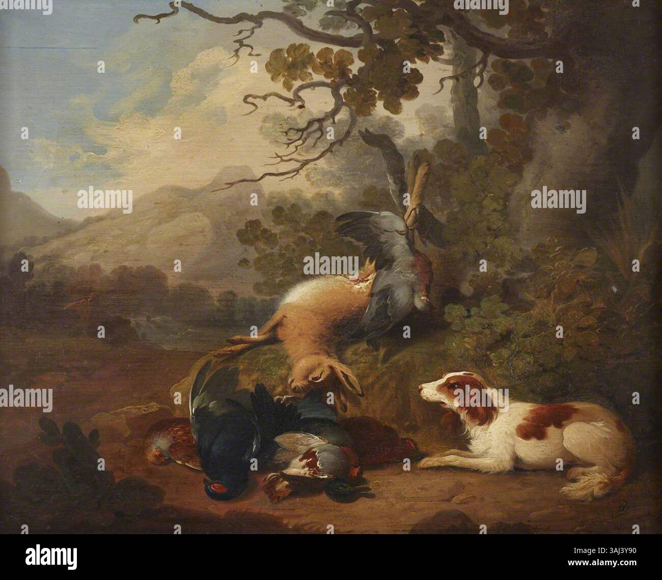This painting depicts a spaniel with dead game in a rural landscape ...