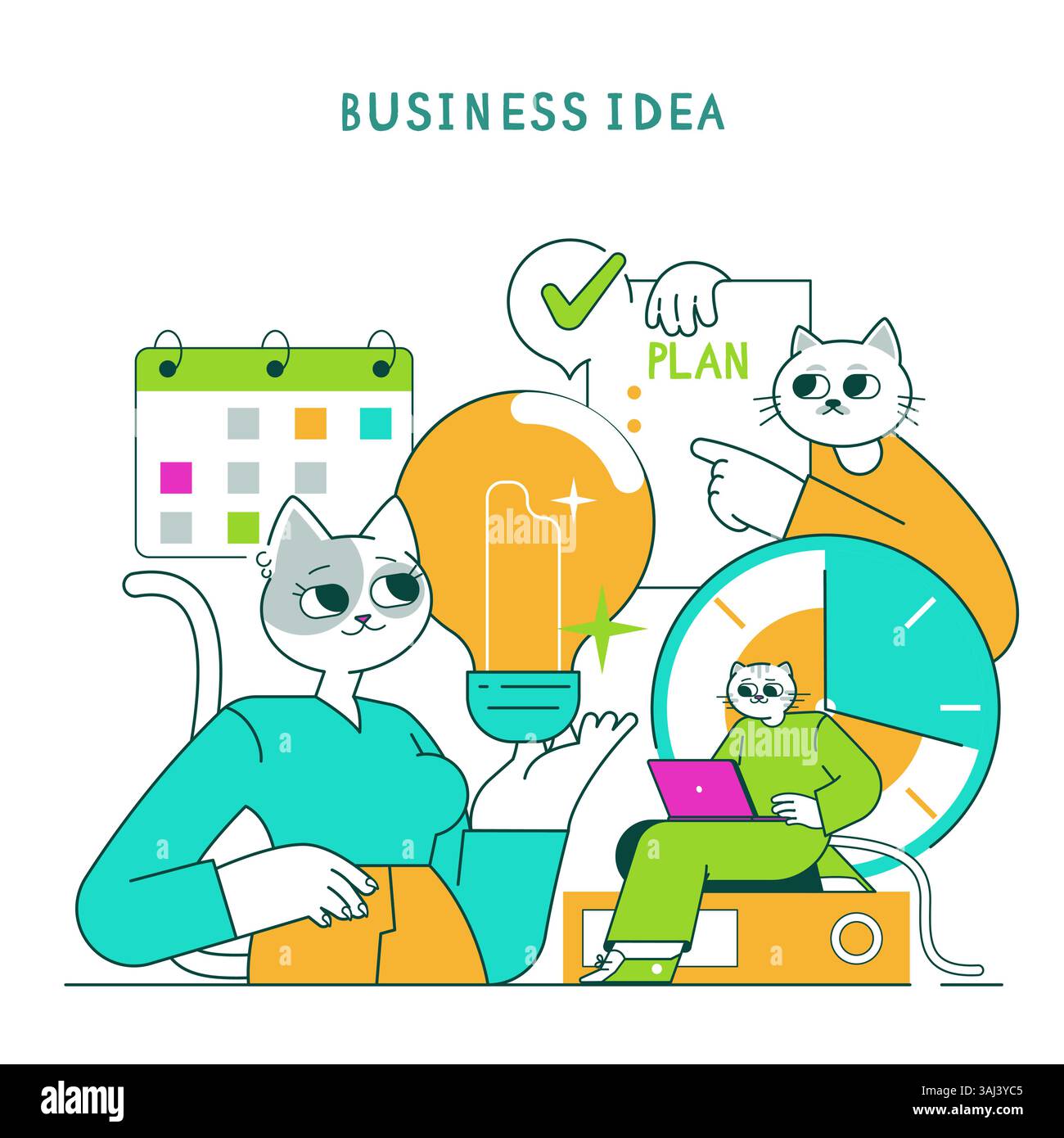 Business Cat concept emphasizing creativity and planning in entrepreneurship. Characters ...