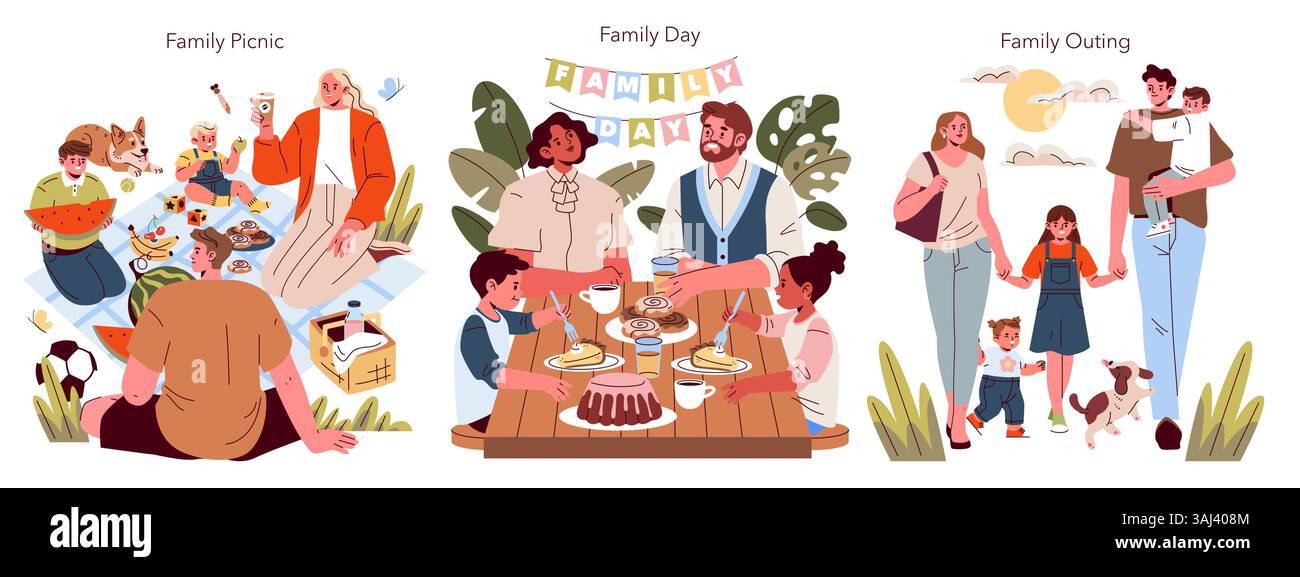 Family Day celebration illustration featuring a picnic, family ...
