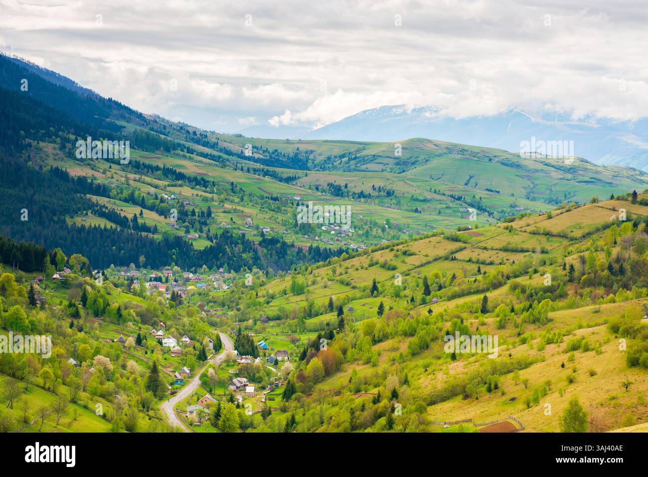 mountainous countryside landscape with synevyr village in the valley ...