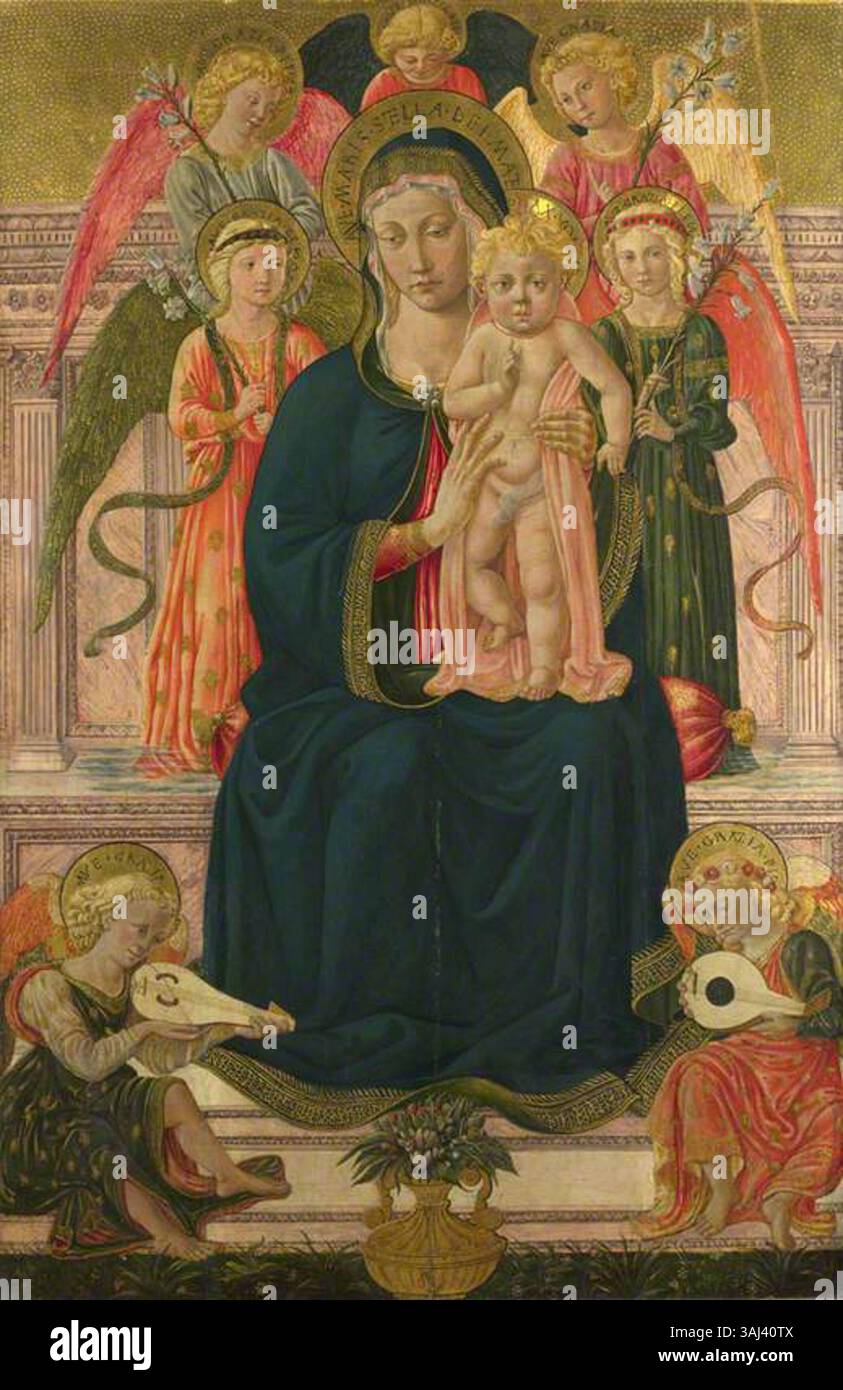 An oil painting depicting the Virgin and Child enthroned with angels ...
