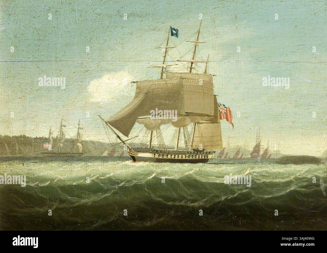 This 19th-century painting depicts ships sailing at sea, capturing the ...