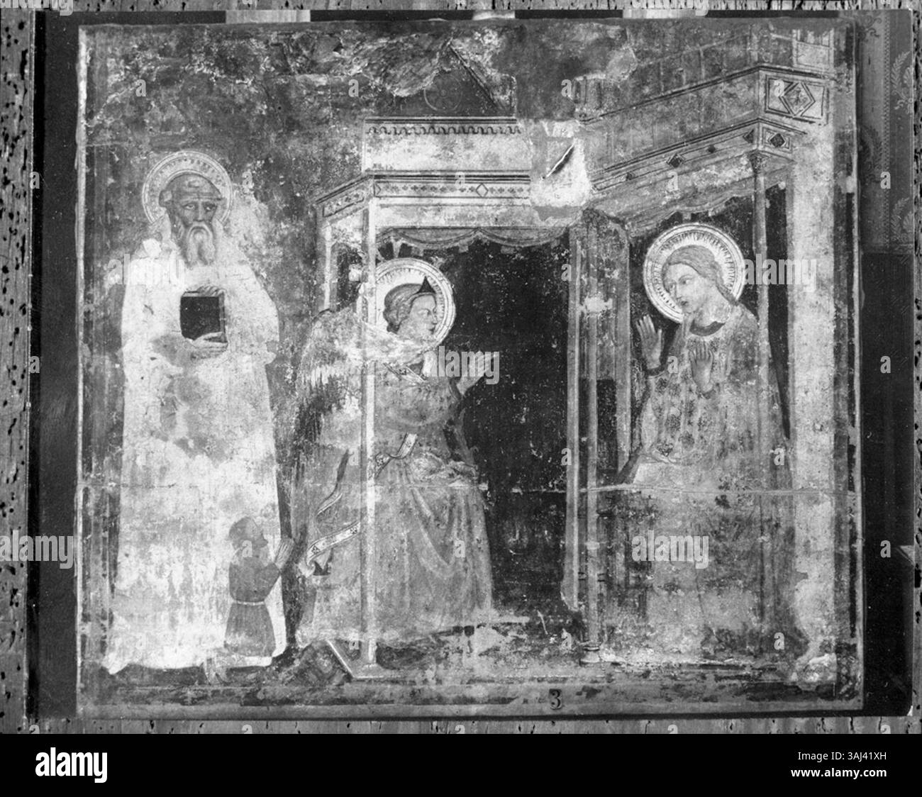 This circa 1400 painting depicts the Annunciation scene, with Saint Benedict and a male donor ...