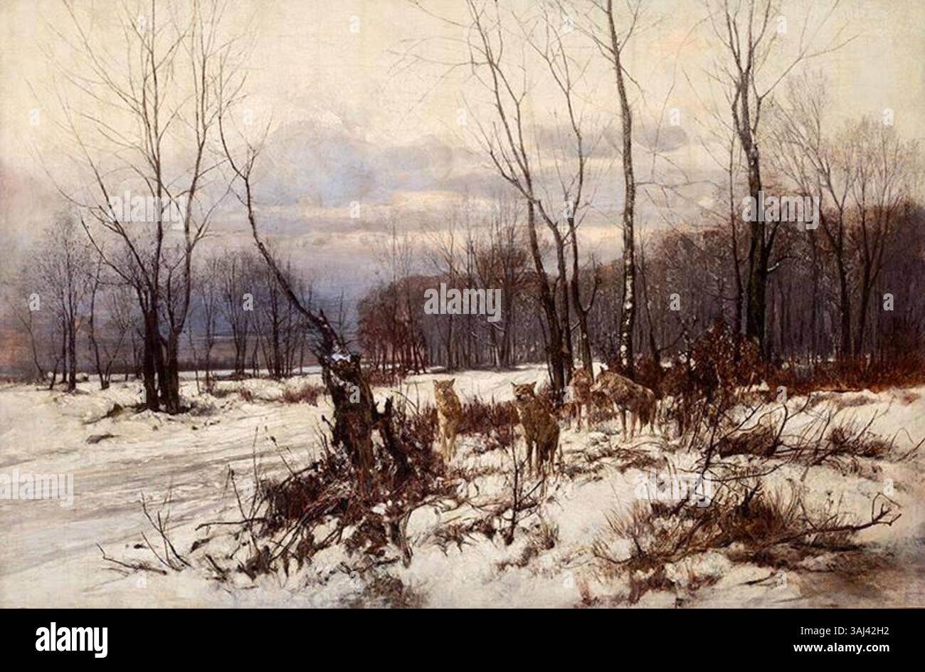 This 1892 oil painting titled 'Winter Landscape with Wolves' by ...