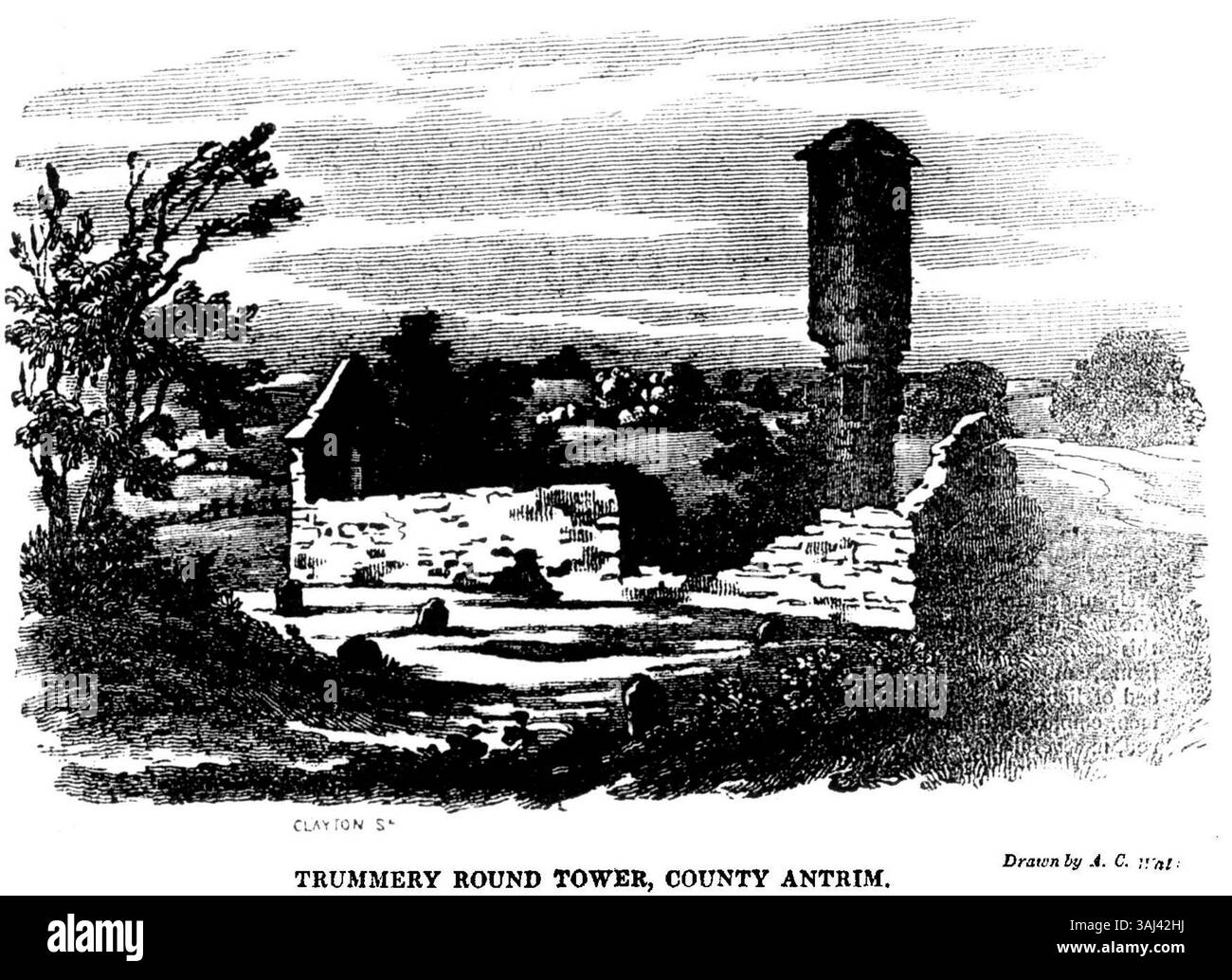 An engraving from 1833 depicting the Trummery Round Tower, located in ...
