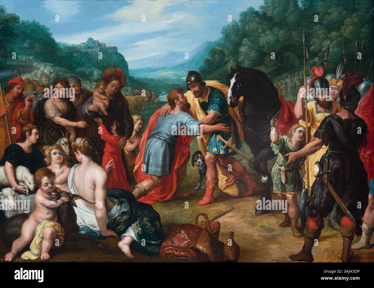 This painting depicts the biblical reconciliation of Jacob and Esau, where Esau embraces Jacob ...
