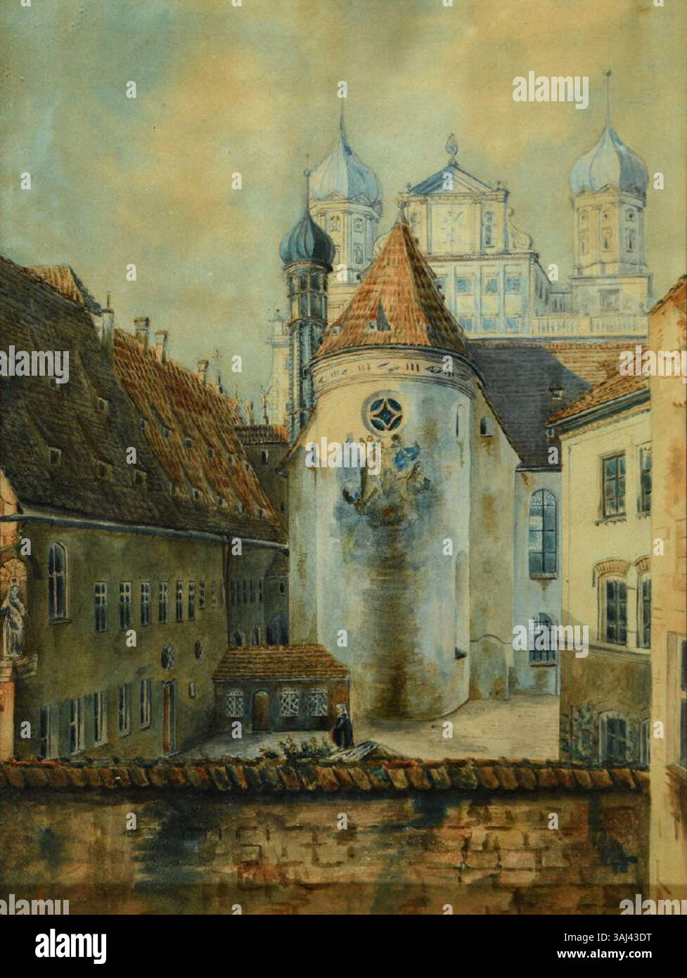 Watercolor depicting Augsburg's Kloster Maria Stern with the Town Hall ...