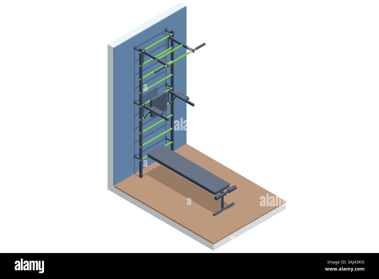 Gymnastics Wall Bars with Bench. Isometric illustration of gymnastics wall bars with an exercise ...