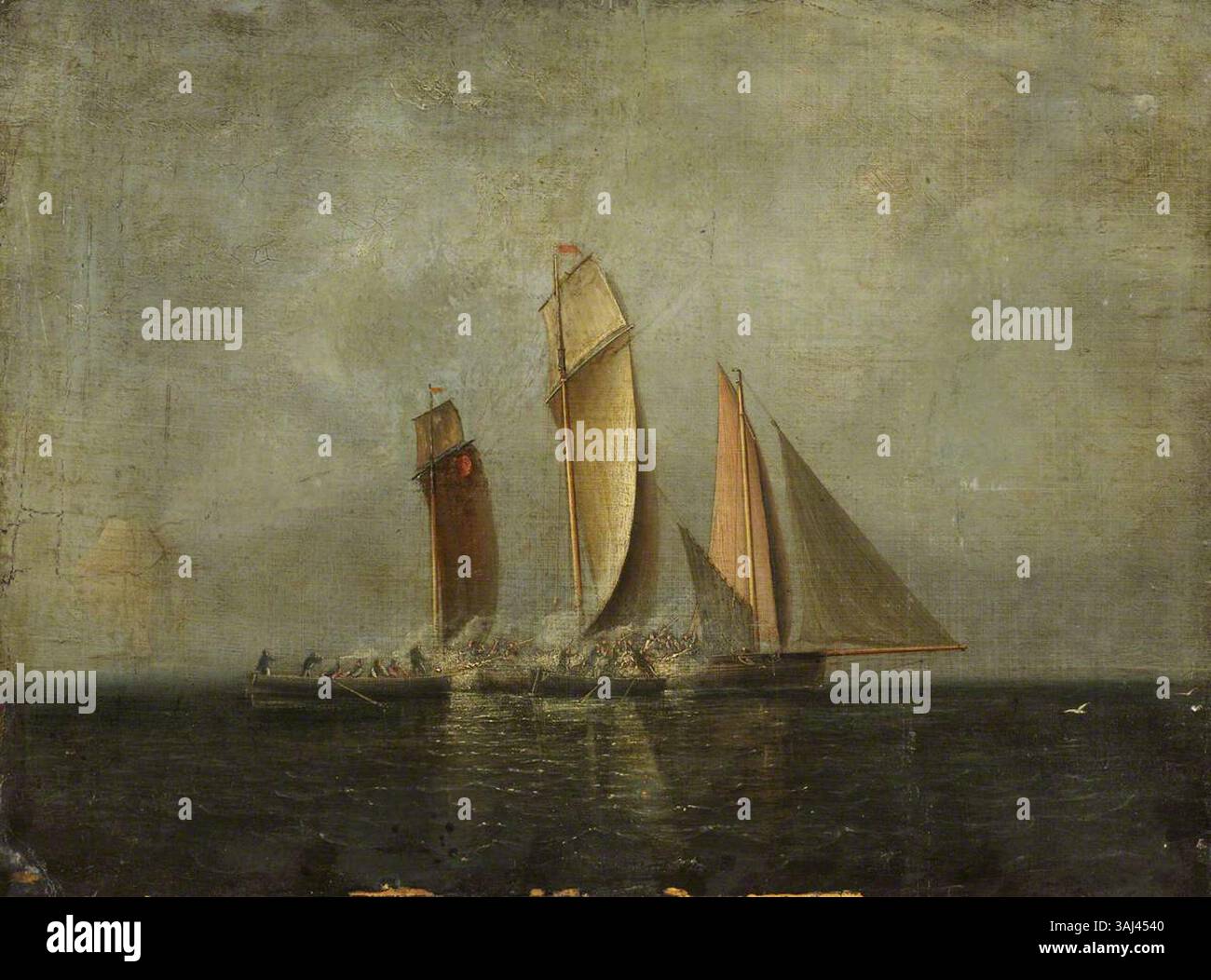 This marine painting, created circa 1815, depicts a boat attack on a ...