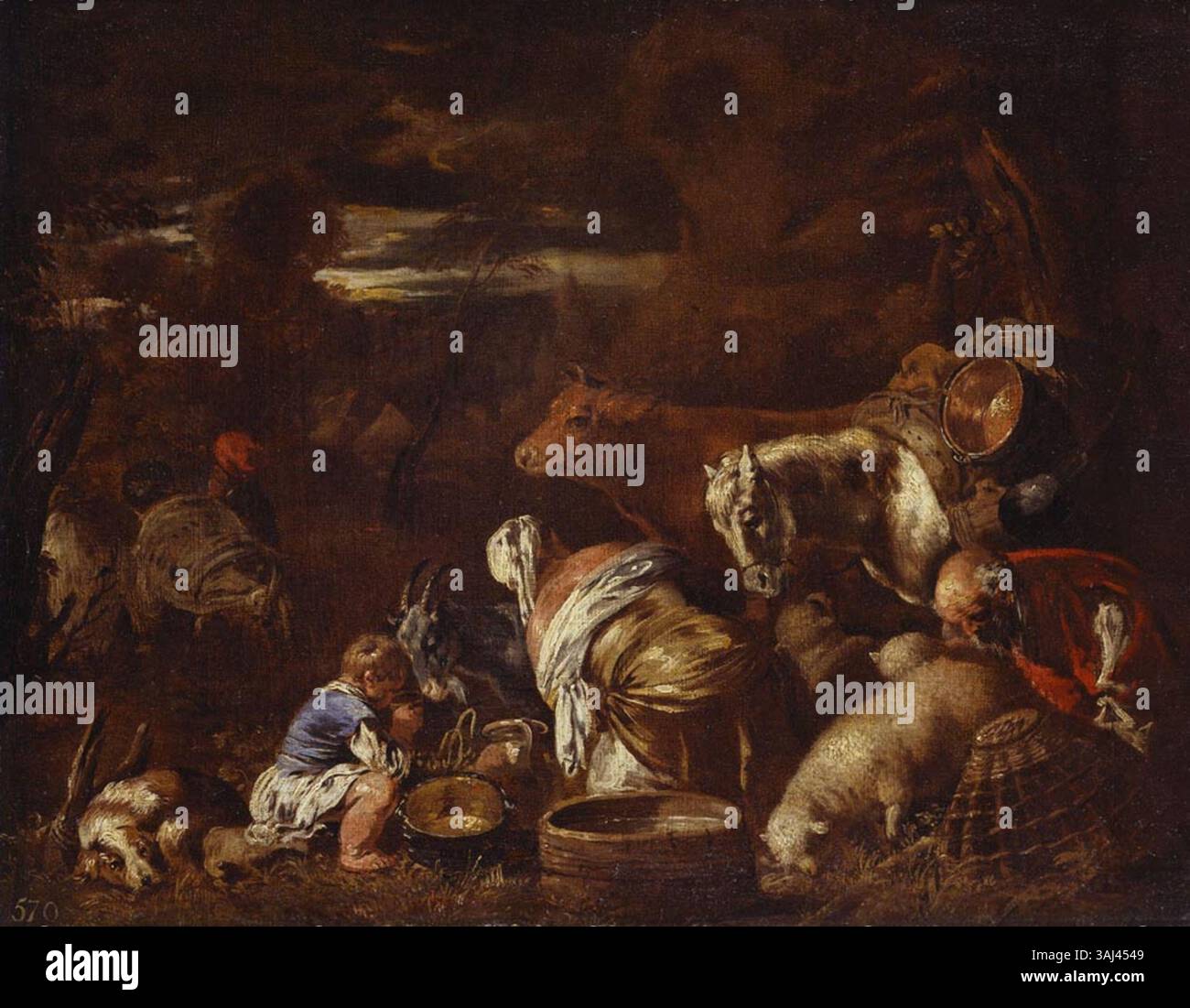 'Animals and Figures in a Landscape', painted between 1650 and 1750 in ...