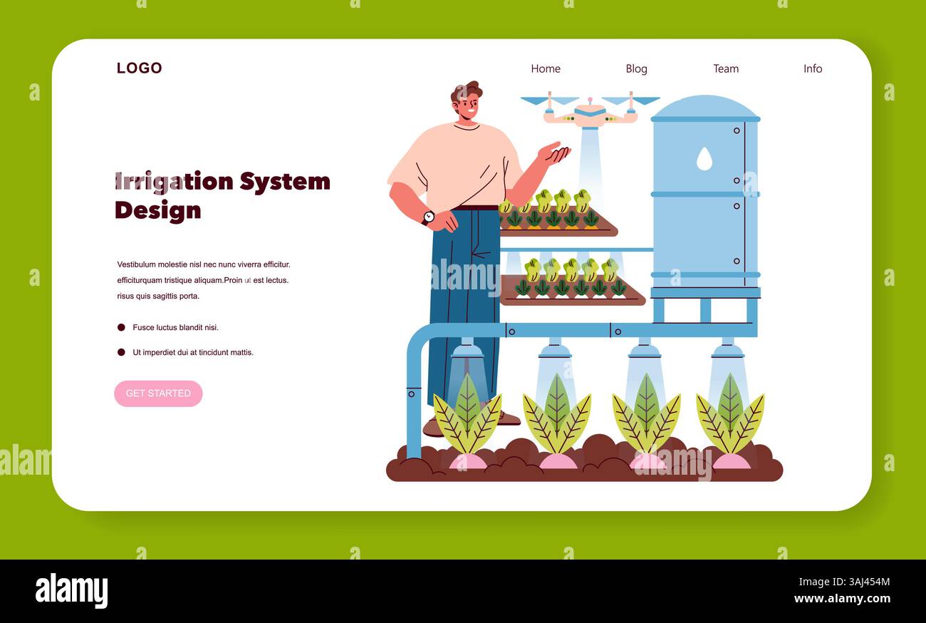 Self-sufficient garden design featuring an innovative irrigation system. The illustration ...