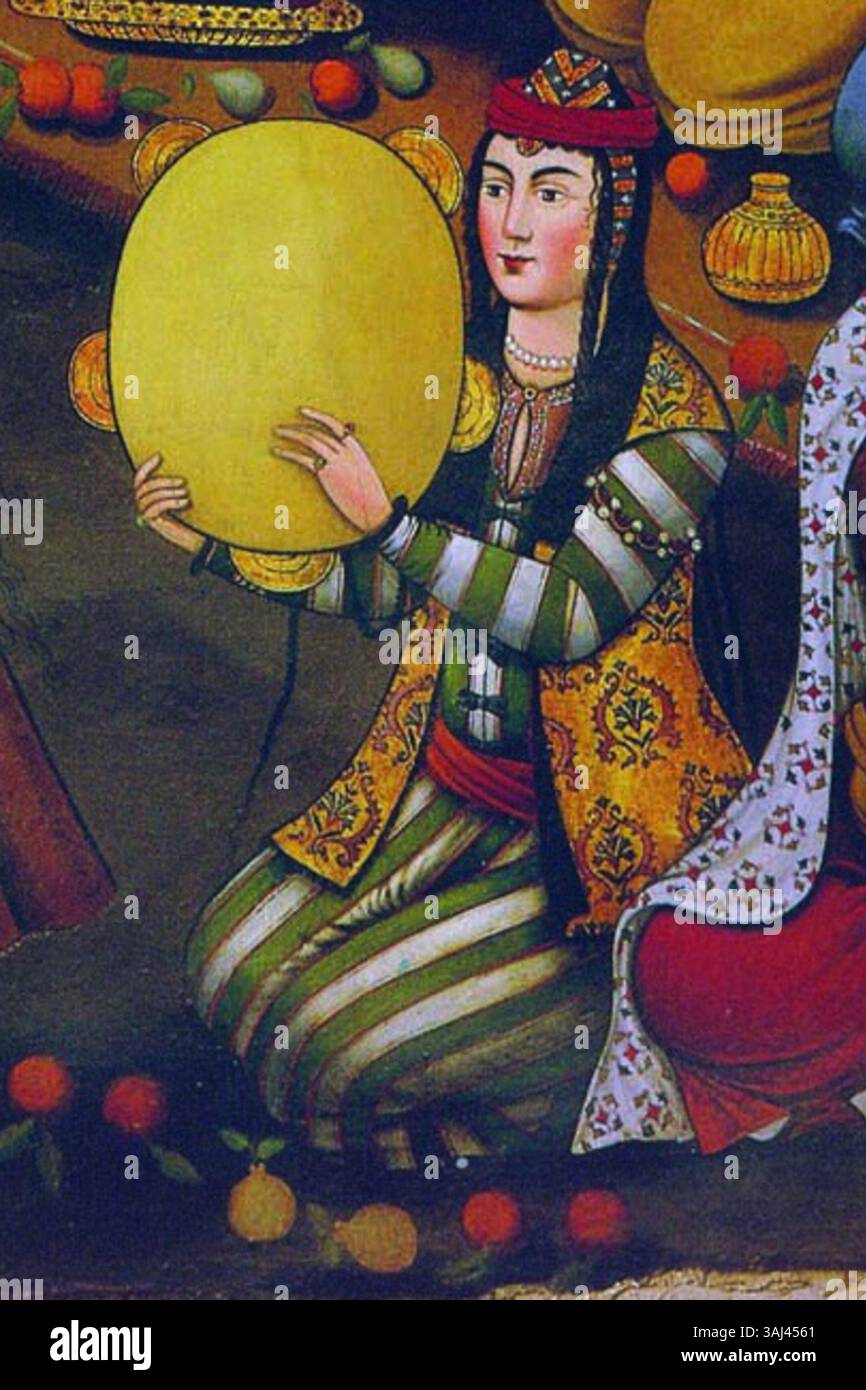 A Persian woman playing the Daf, depicted in a 17th-century painting on ...