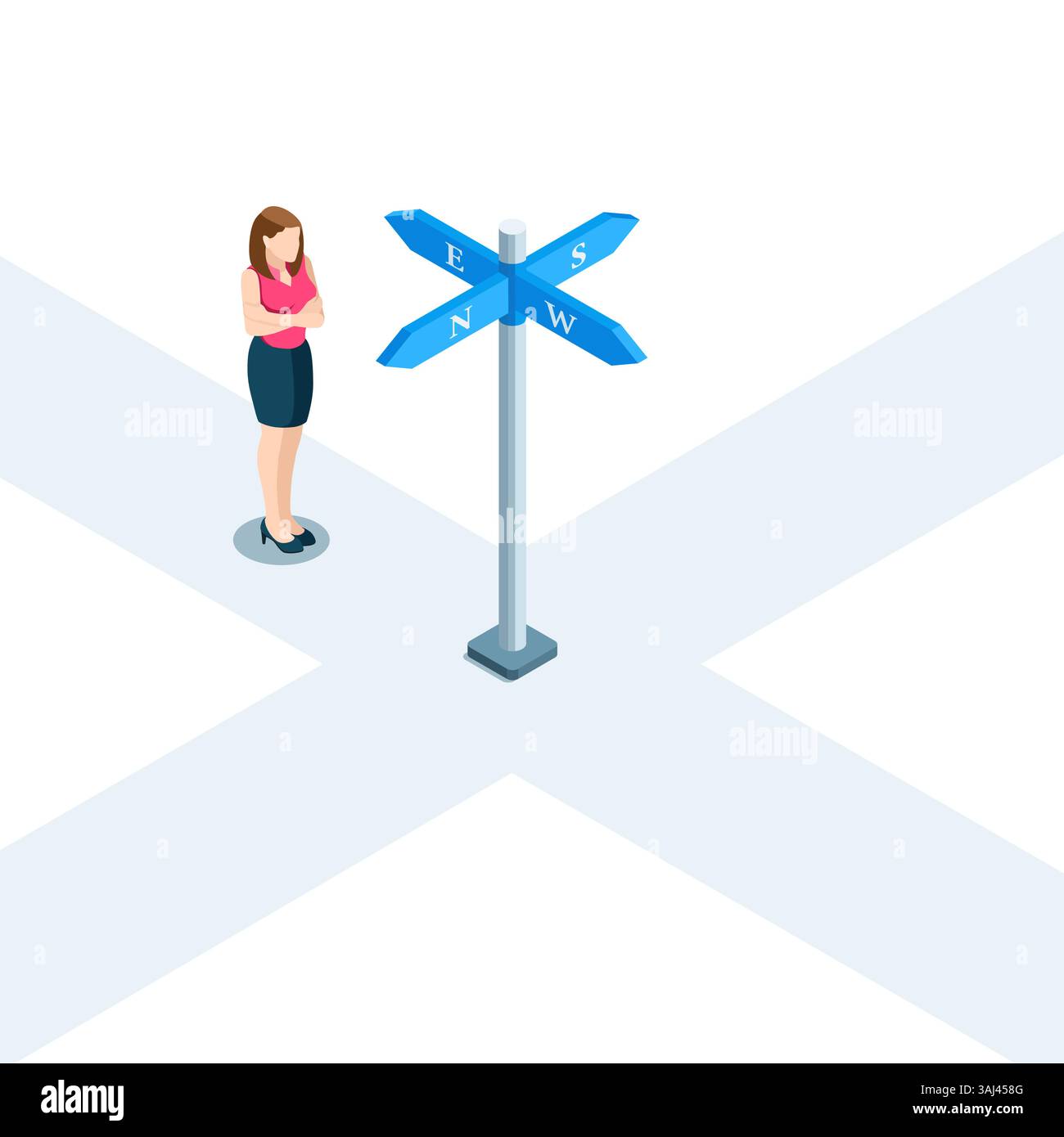 isometric business woman standing at an intersection in front of a sign ...