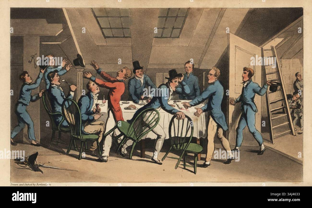 A satirical engraving by Thomas Rowlandson depicting officers and ...