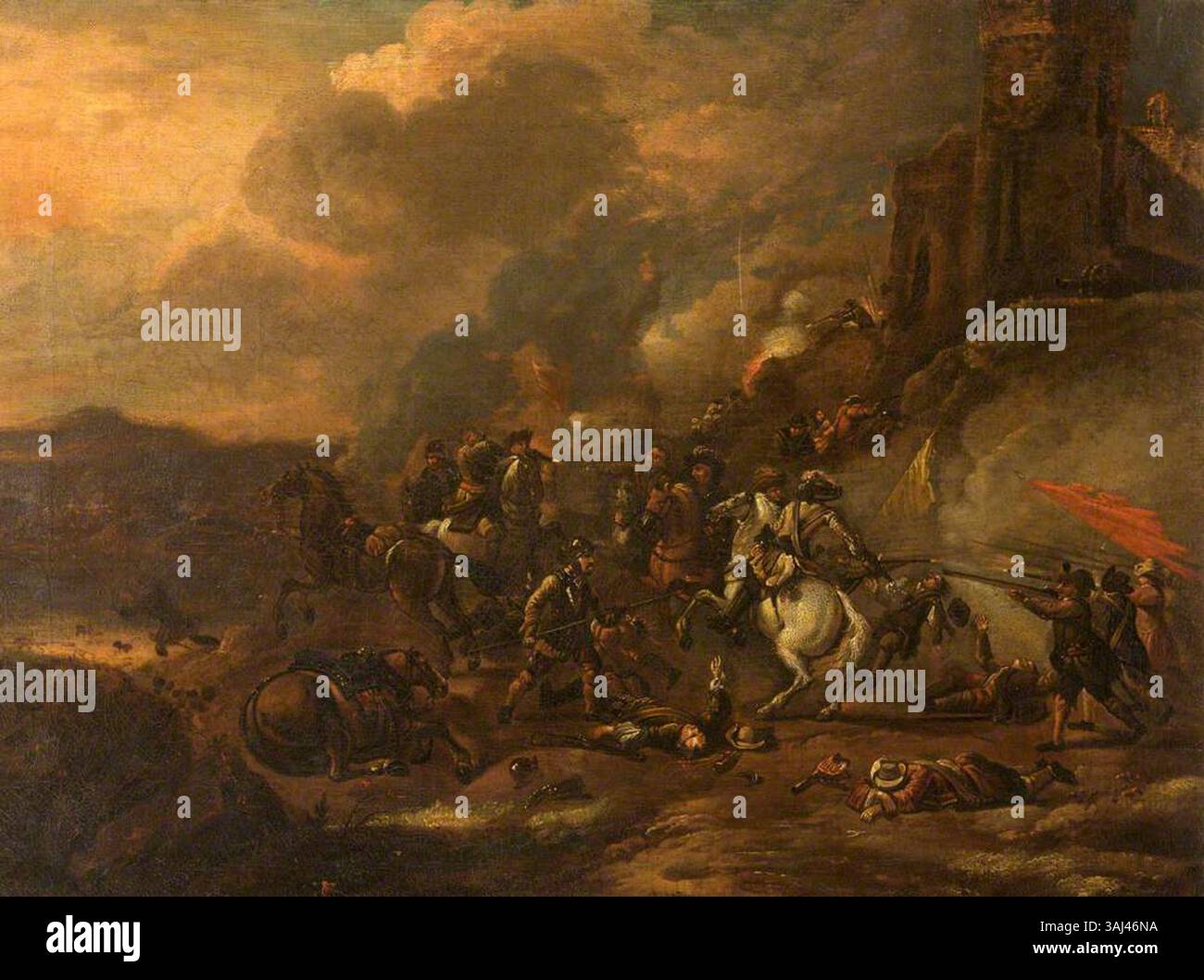 This oil painting from the Flemish School depicts a cavalry battle ...