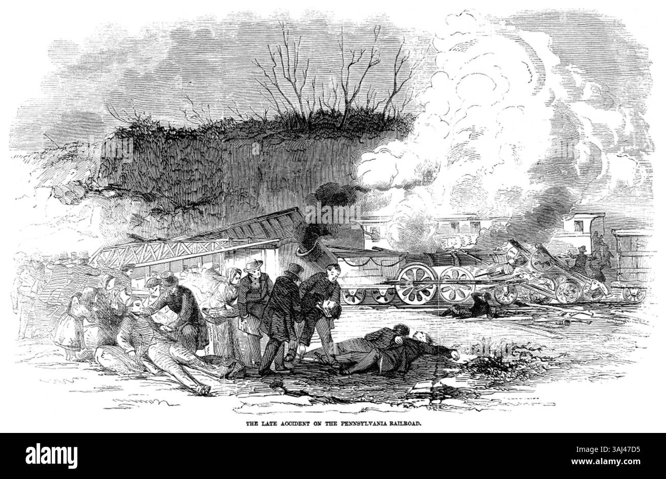 Wood engraving illustrating a 19th-century train accident on the ...