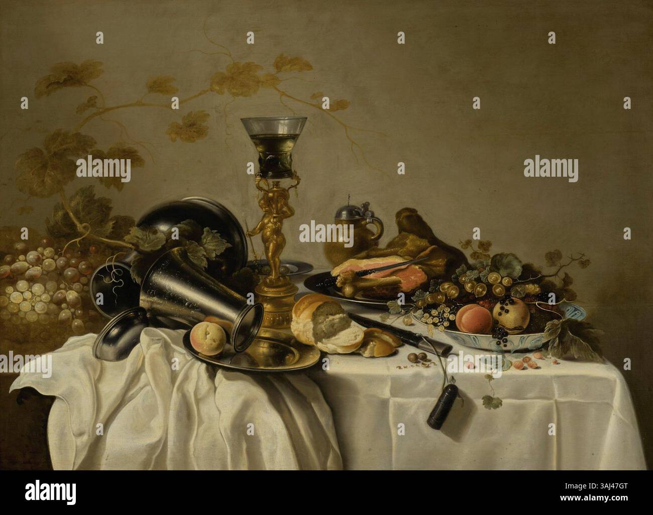'Still Life with Bekerschroef, Pewter, Ham, Fruit in a Wanli Bowl' by ...