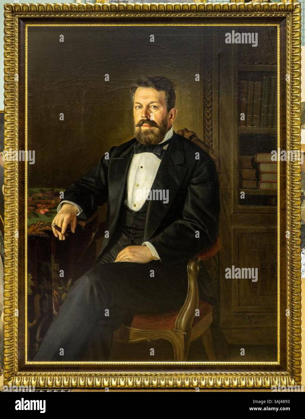 This 1880 portrait painting, attributed to an unknown artist, depicts a ...