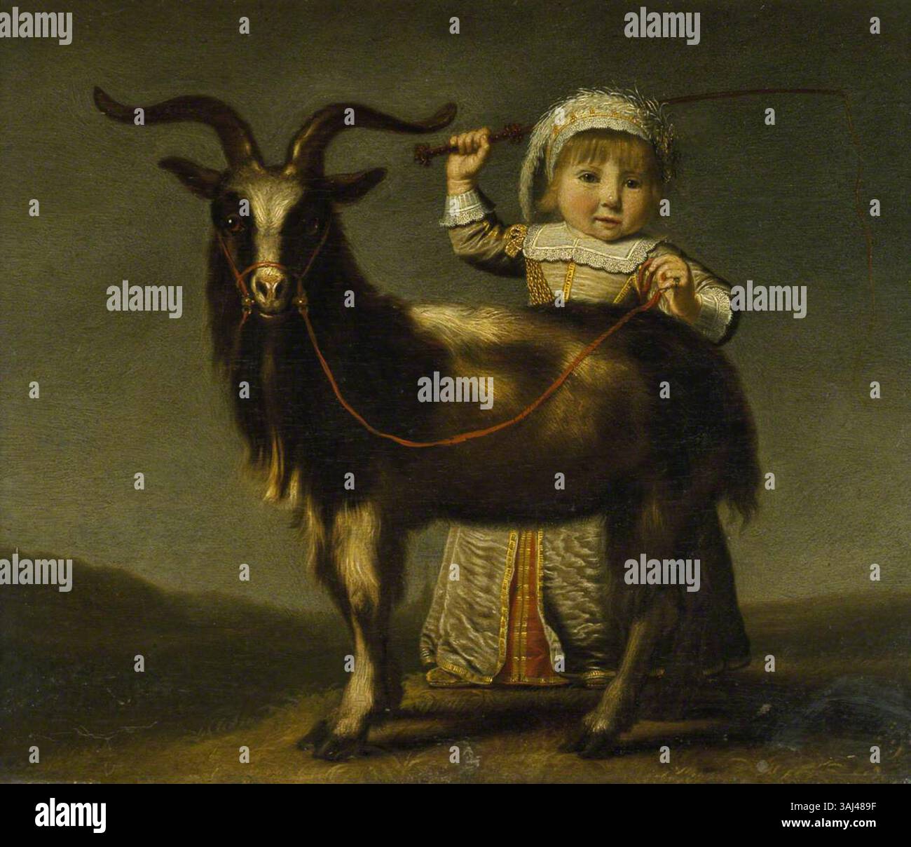 A portrait of a child with a goat, painted between 1600 and 1699. The ...