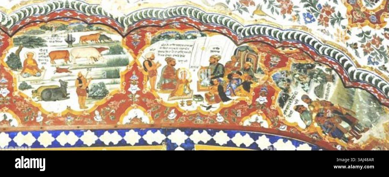 A fresco from Gurdwara Baba Atal depicting Guru Nanak grazing cattle, a symbolic scene of ...