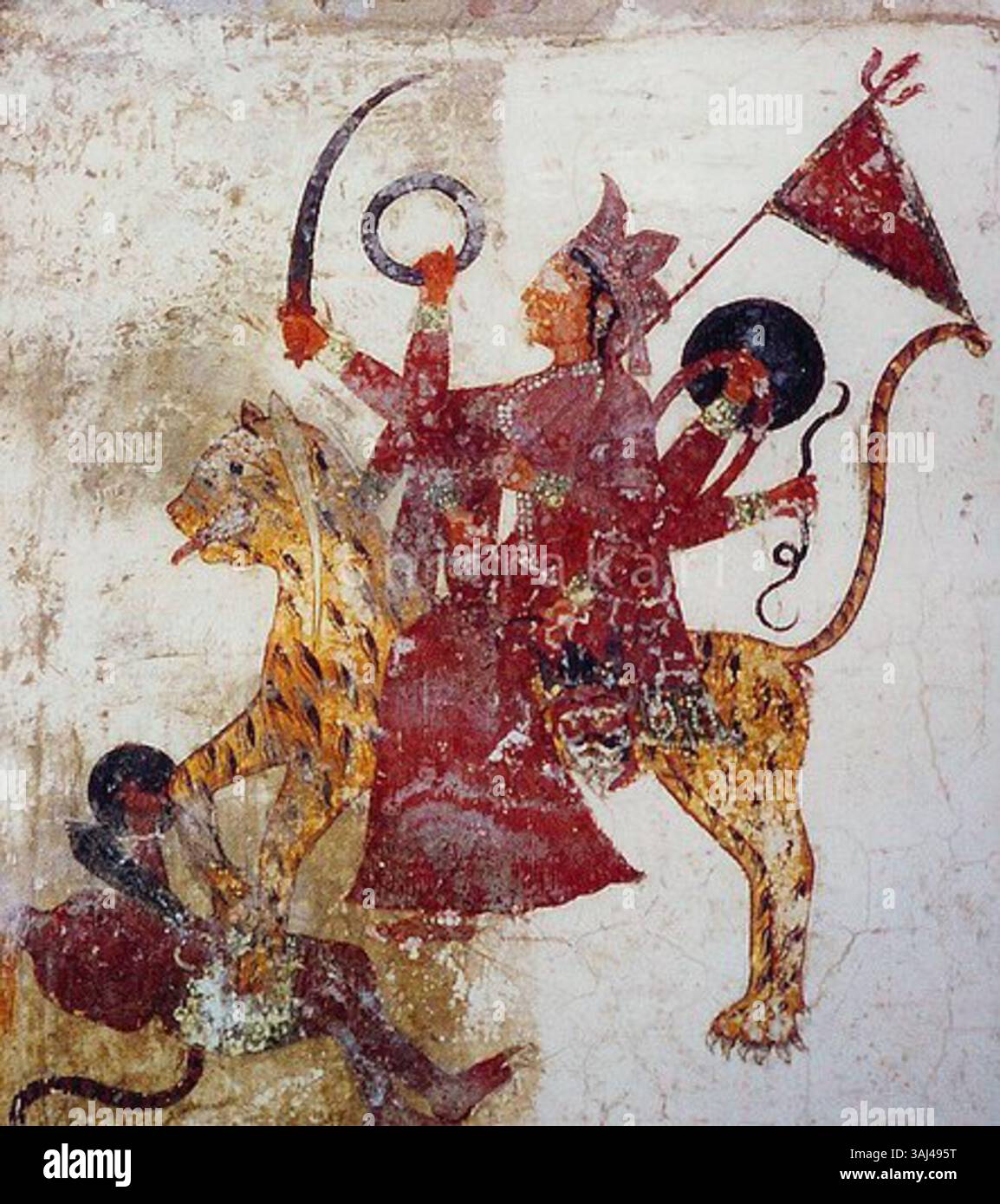 This 18th or 19th-century mural depicts Durga crushing Mahishasura ...