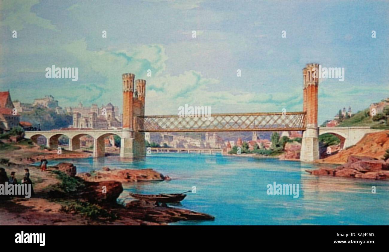 Watercolor by Albert Emil Kirchner, depicting the Passauer Innbrücke ...