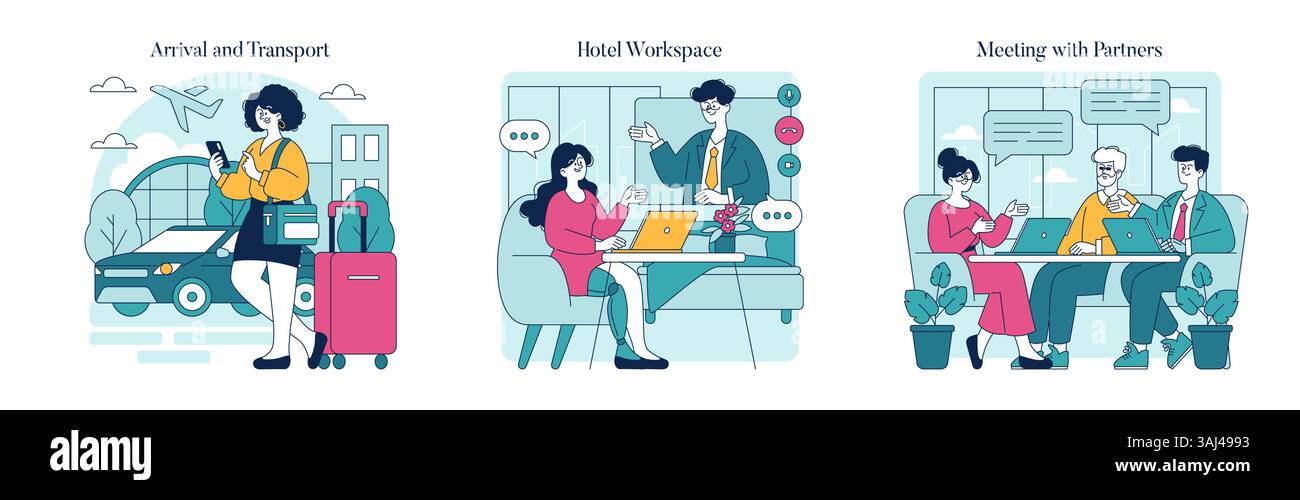 Business travel illustration focusing on arrival, workspace, and ...