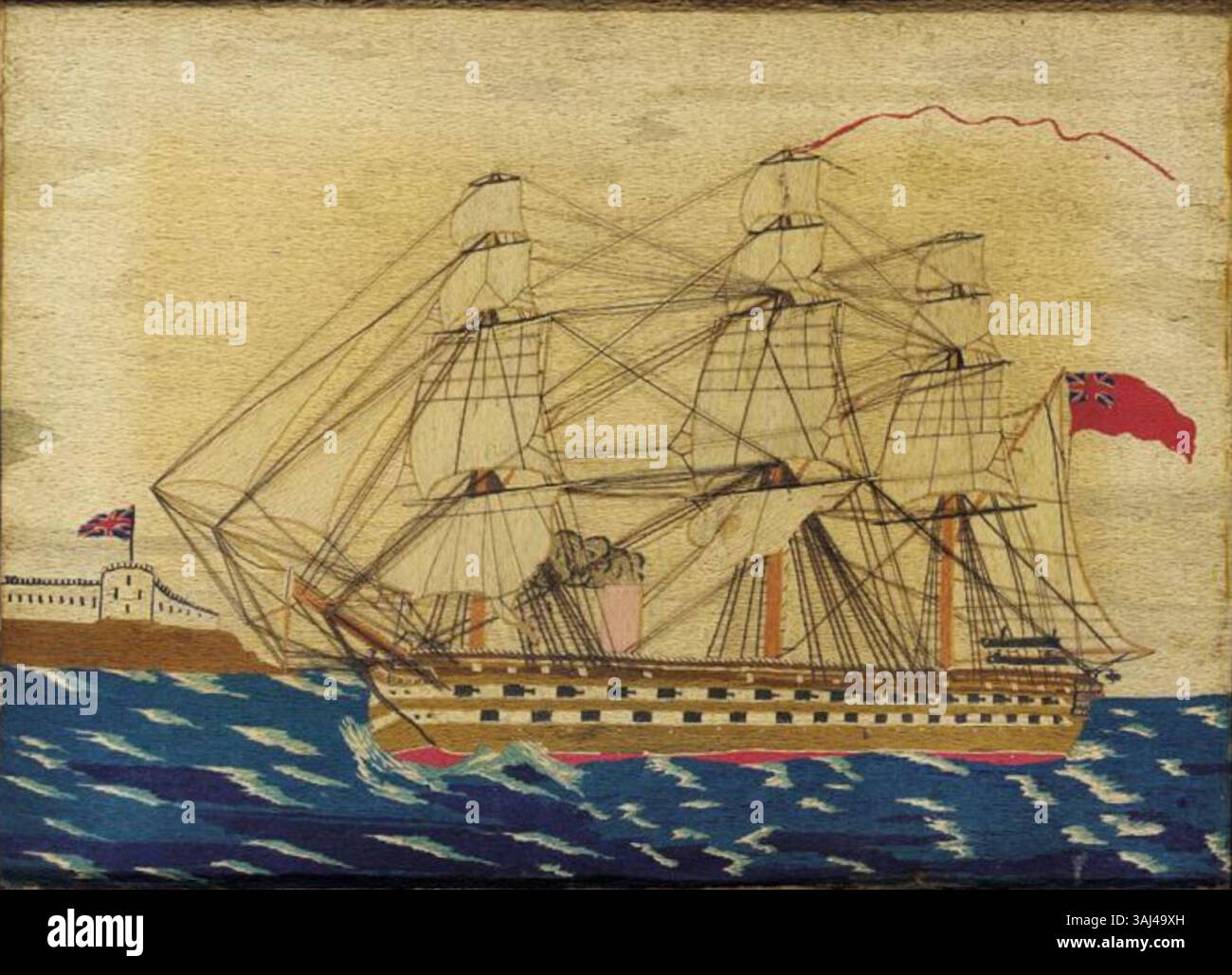 This woolwork embroidery by Duncan McLord, created in 1860, depicts the ...