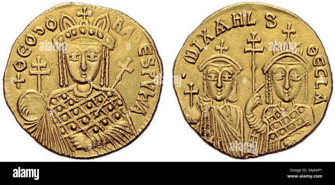 This solidus, minted in AD 842-843, features a crowned bust of Theodora ...
