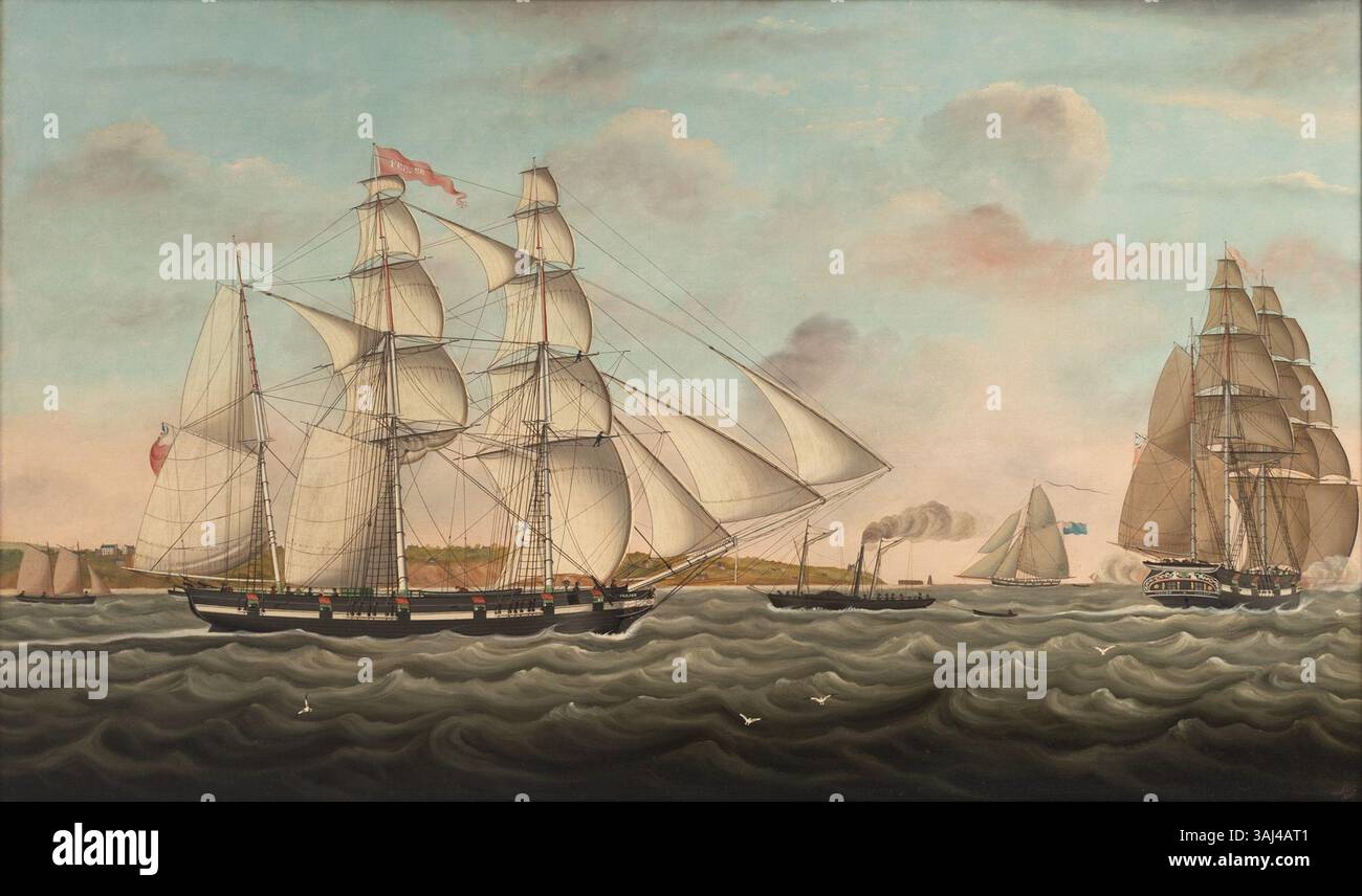 This 1828 painting by Miles Walters depicts the three-masted schooner ...