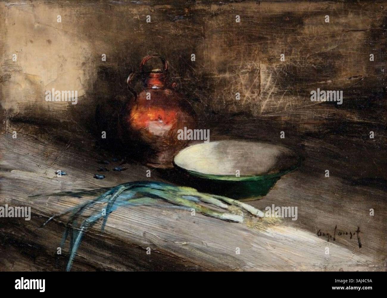 A still life painting by Marie Auguste Lauzet, featuring leeks as the ...