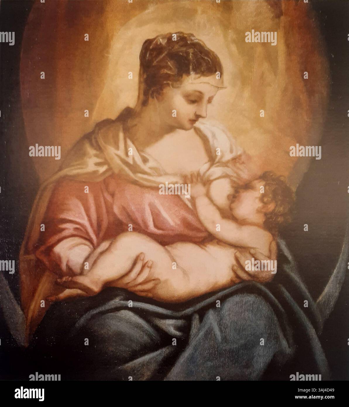 'Madonna Allattante' by Tintoretto, painted in 1500, depicts the Virgin Mary breastfeeding the ...