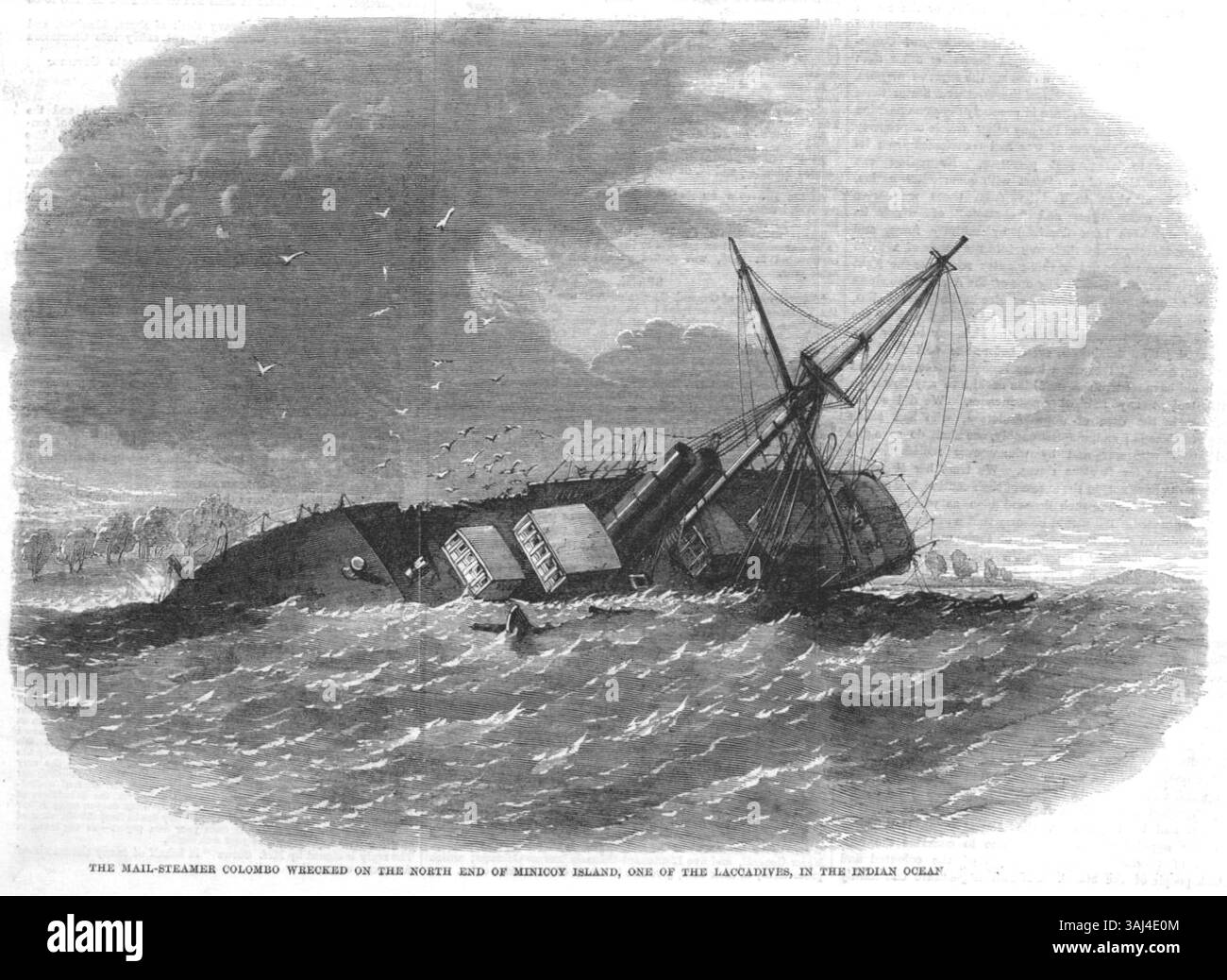 Depiction of the wreck of the Mail-Steamer Colombo on Minicoy Island ...