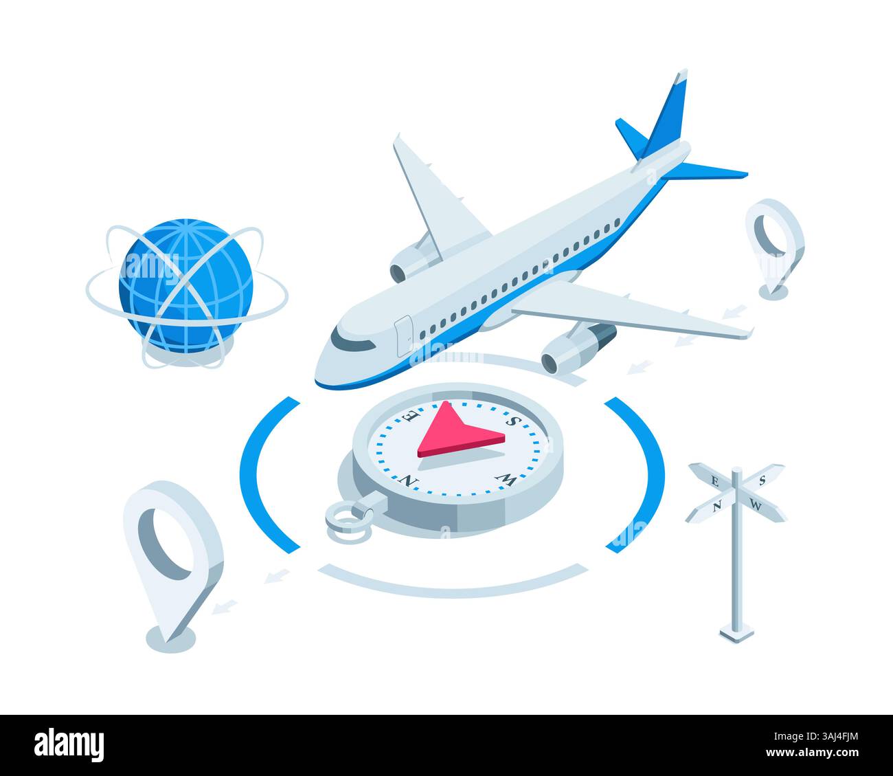 isometric airplane flies over a compass to a location, in color on a ...