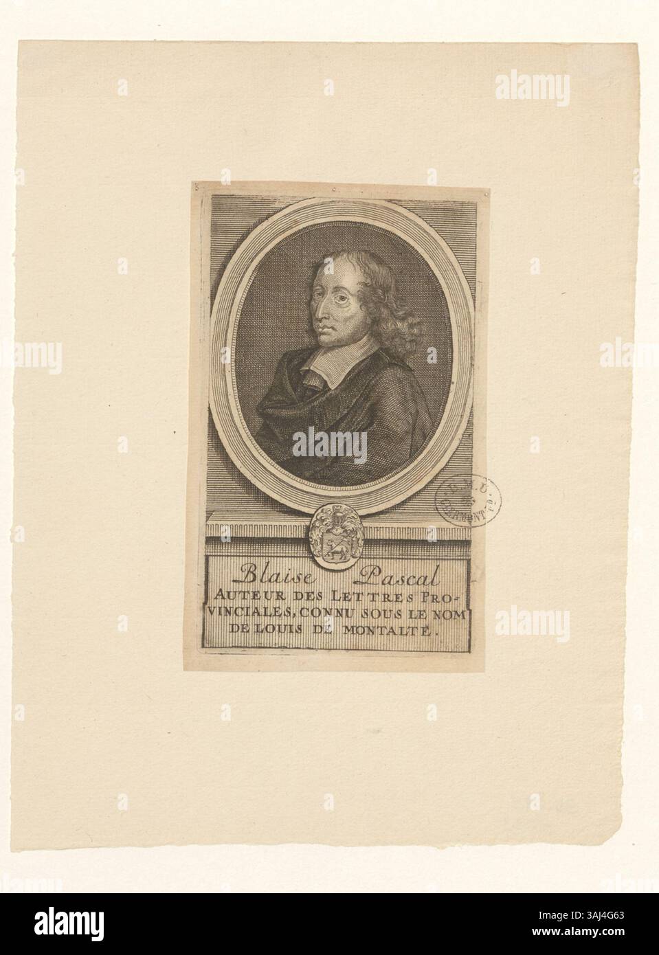 This intaglio print depicts Blaise Pascal, a French philosopher and ...