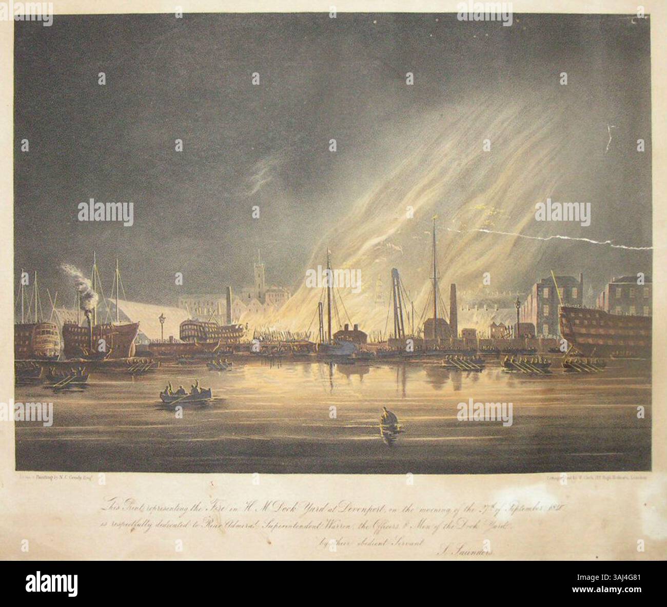 This engraving depicts the devastating fire at Her Majesty's Dock Yard ...
