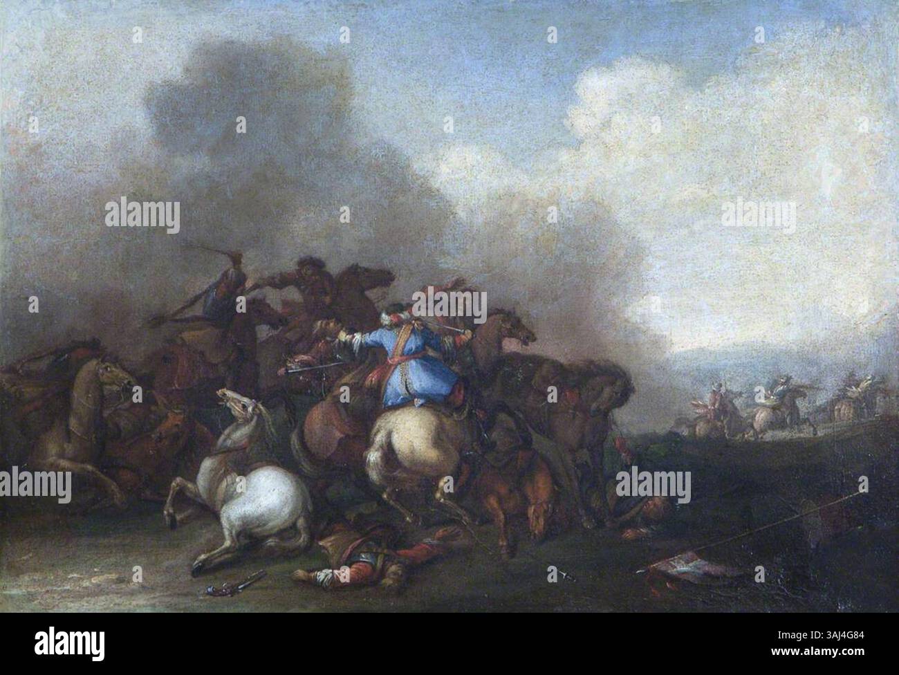 This anonymous painting from the Flemish School depicts a battle scene ...