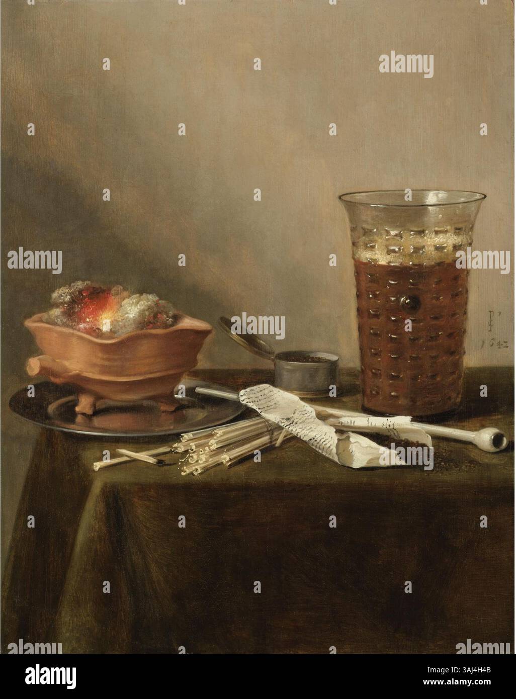 Pieter Claesz's still life, painted in 1642, depicts a brazier with a ...
