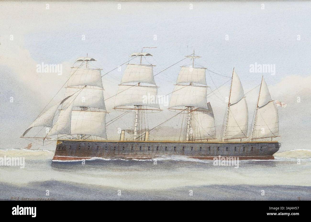 A 19th-century pencil and watercolour depiction of HMS Northumberland ...